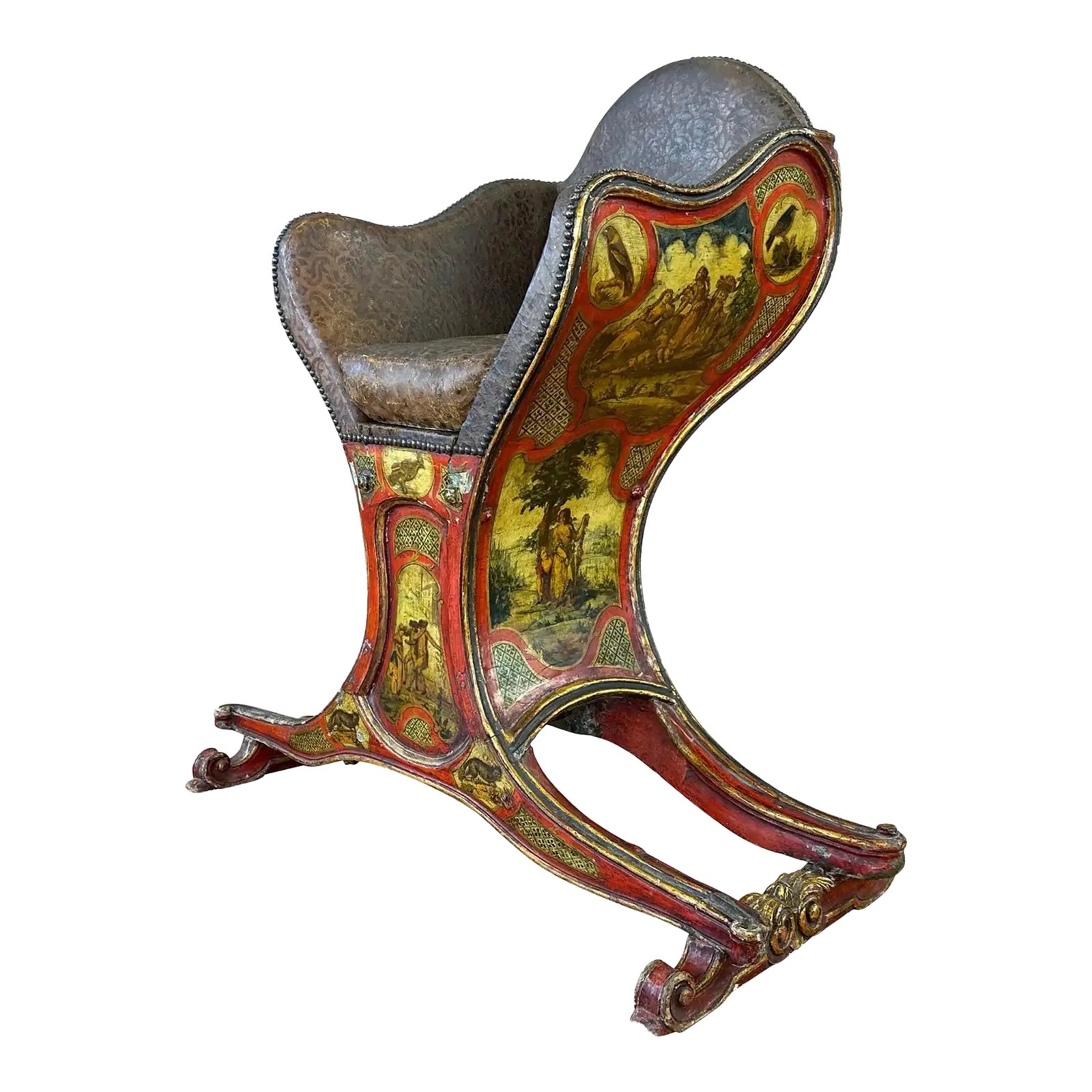 Venetian Illustrated, Polychrome, Gilt, and Leather Gondola Chair, C ...