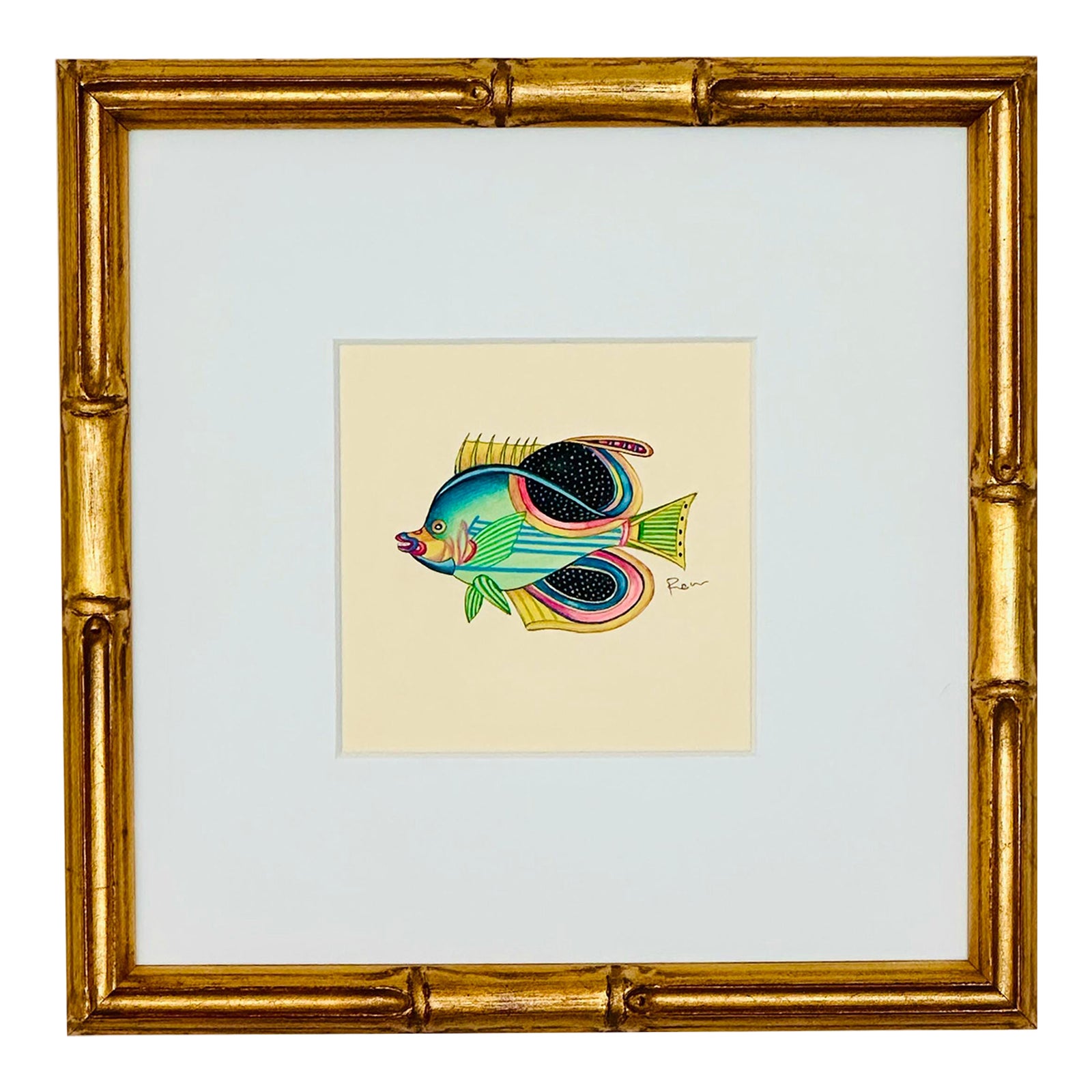 Original Miniature Hand-Painted Fish Painting in Faux Bamboo Frame ...
