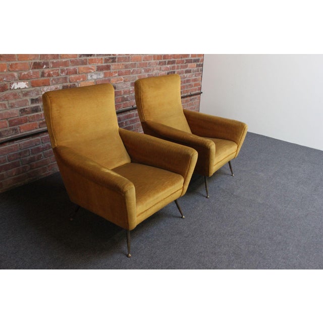 Vintage Italian Ochre Cotton Velvet and Brass Lounge Chairs | Chairish