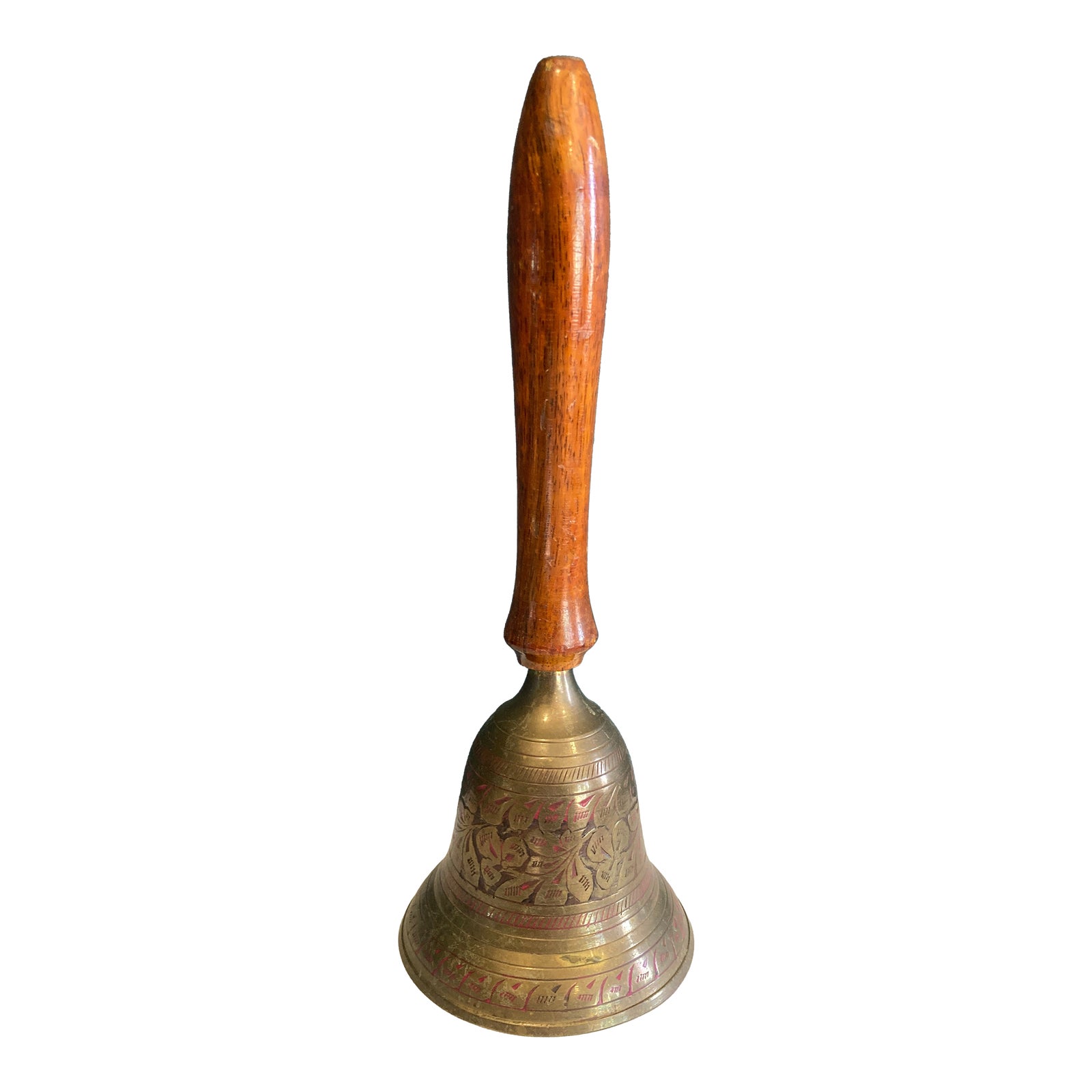 Vintage Etched Brass Bell With Turned Wood Handle | Chairish