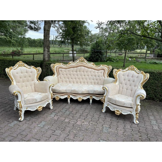 Late 20th Century Italian Baroque Sofa Set in Lacquer Beech and Damask ...