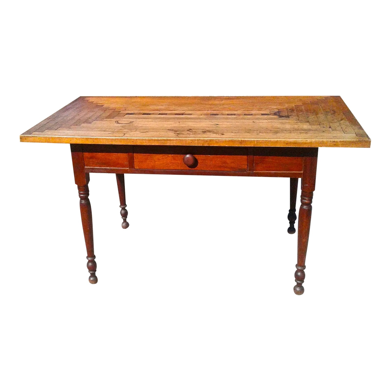 Antique Kitchen Table With Patterned Butcher Block Top and Walnut Base ...