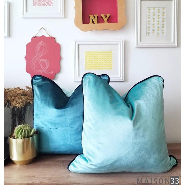 Topaz/Turquoise Velvet Pillow With Sapphire Piping Detail | Chairish
