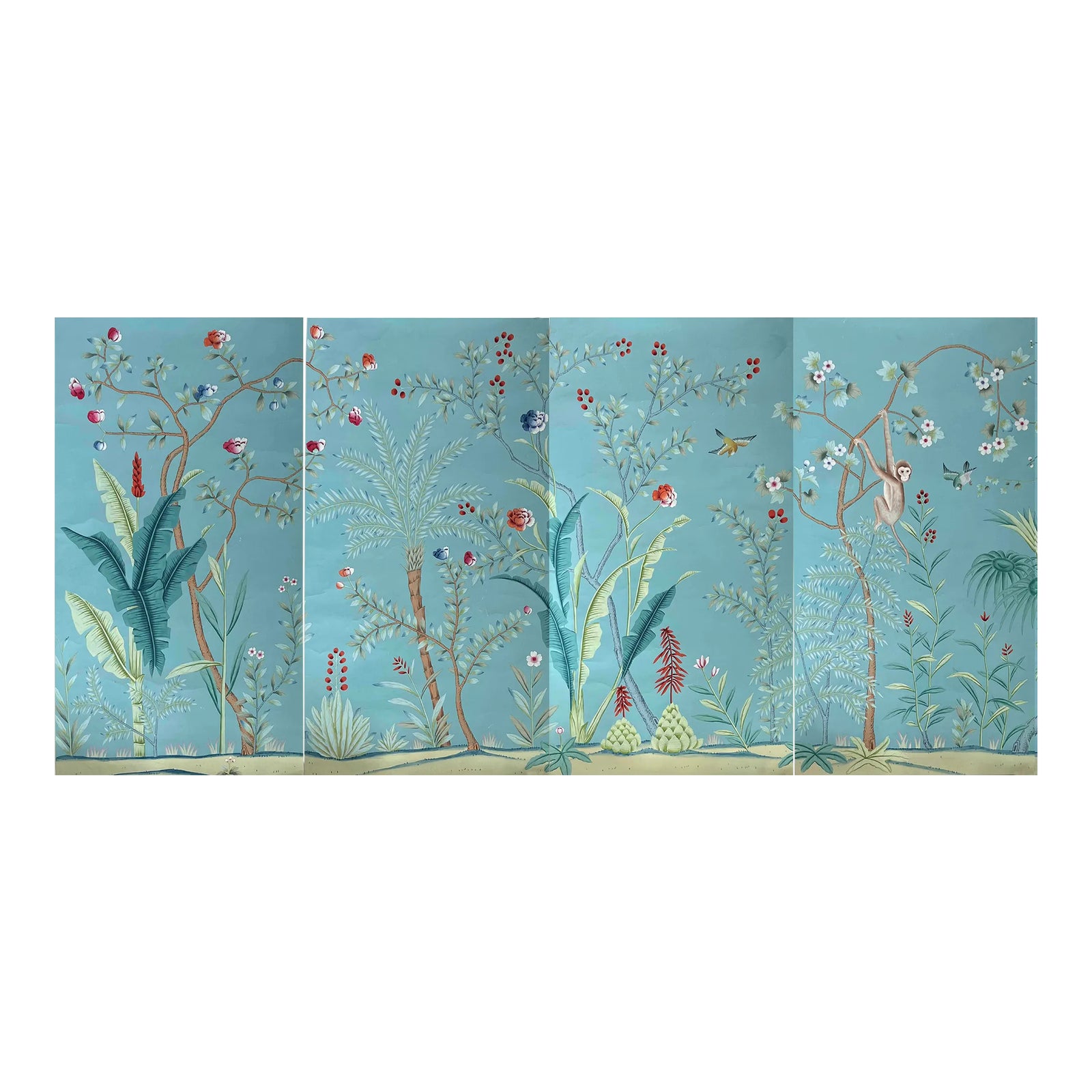 Tropical Chinoiserie Mural Hand Painted Wallpaper on Blue Edo Xuan ...
