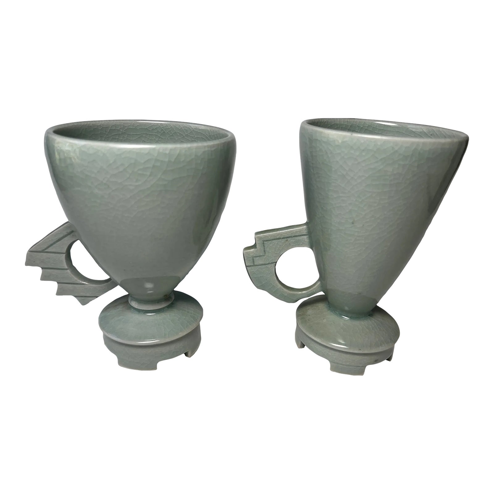 Pair of Contemporary Post Modern Art Pottery Mugs With Celadon Glaze ...