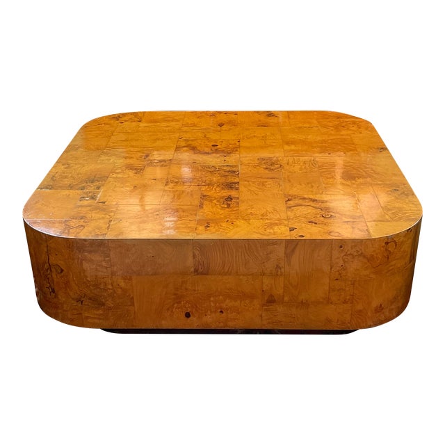 1970s Paul Evans Cityscape Burled Wood Chrome Base Coffee Table, Signed | Chairish