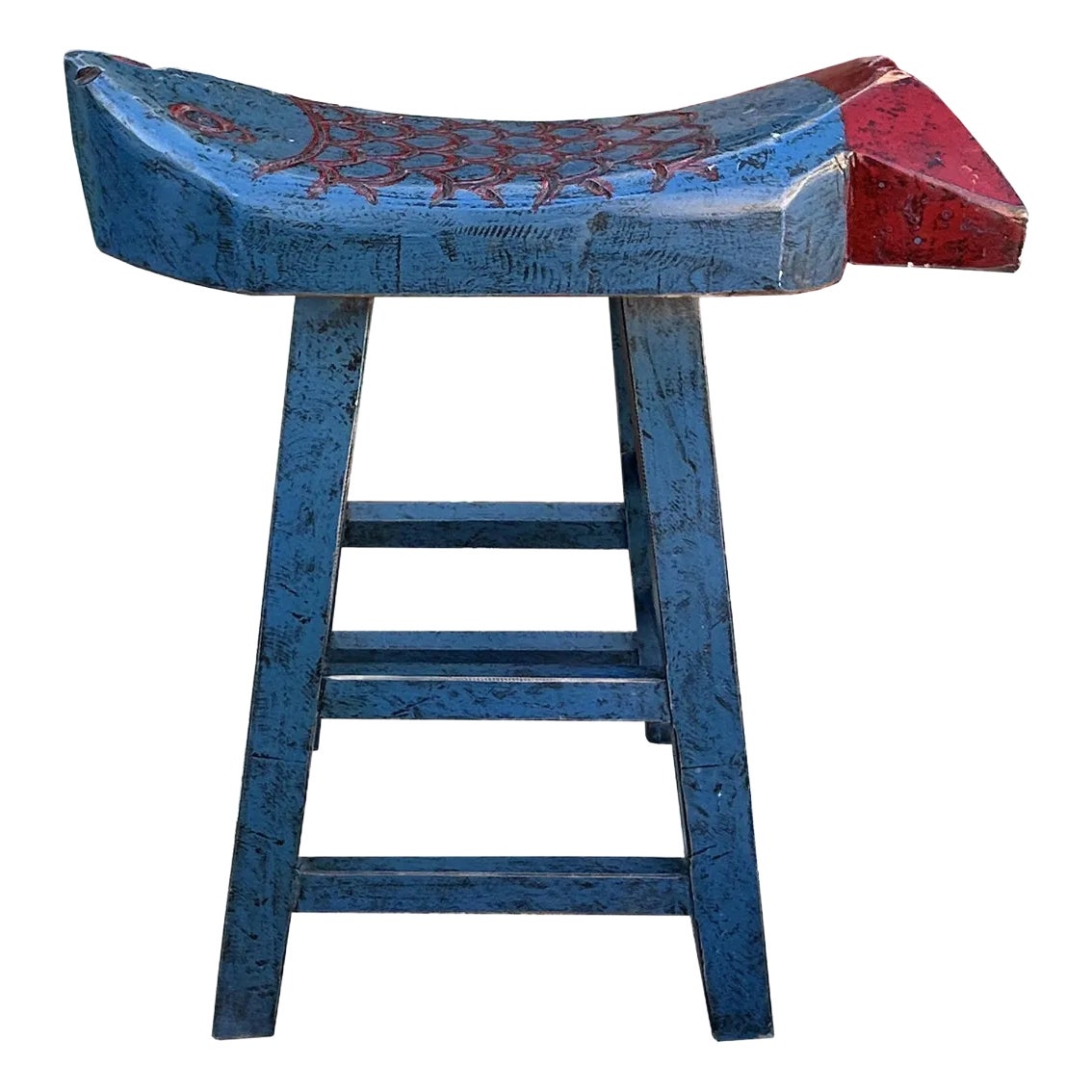 Sharp Blue Red Fish Shape Seat Top Wood Tall Bench Stool | Chairish