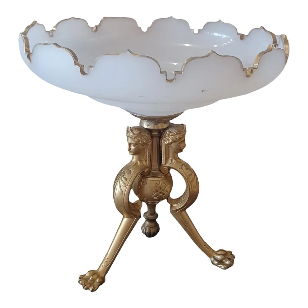 Vintage Dore Bronze Footed Opalene Glass Compote | Chairish