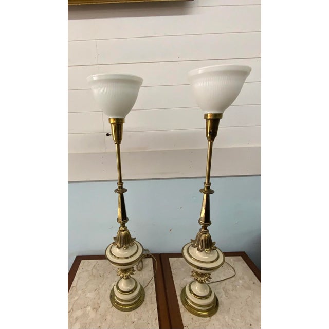 1960s Stiffel Brass and Enamel Torchiere Table Lamps - a Pair | Chairish