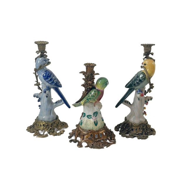 Late 20th Century Porcelain & Ormolu Parrot Candlesticks - Set of 3 ...
