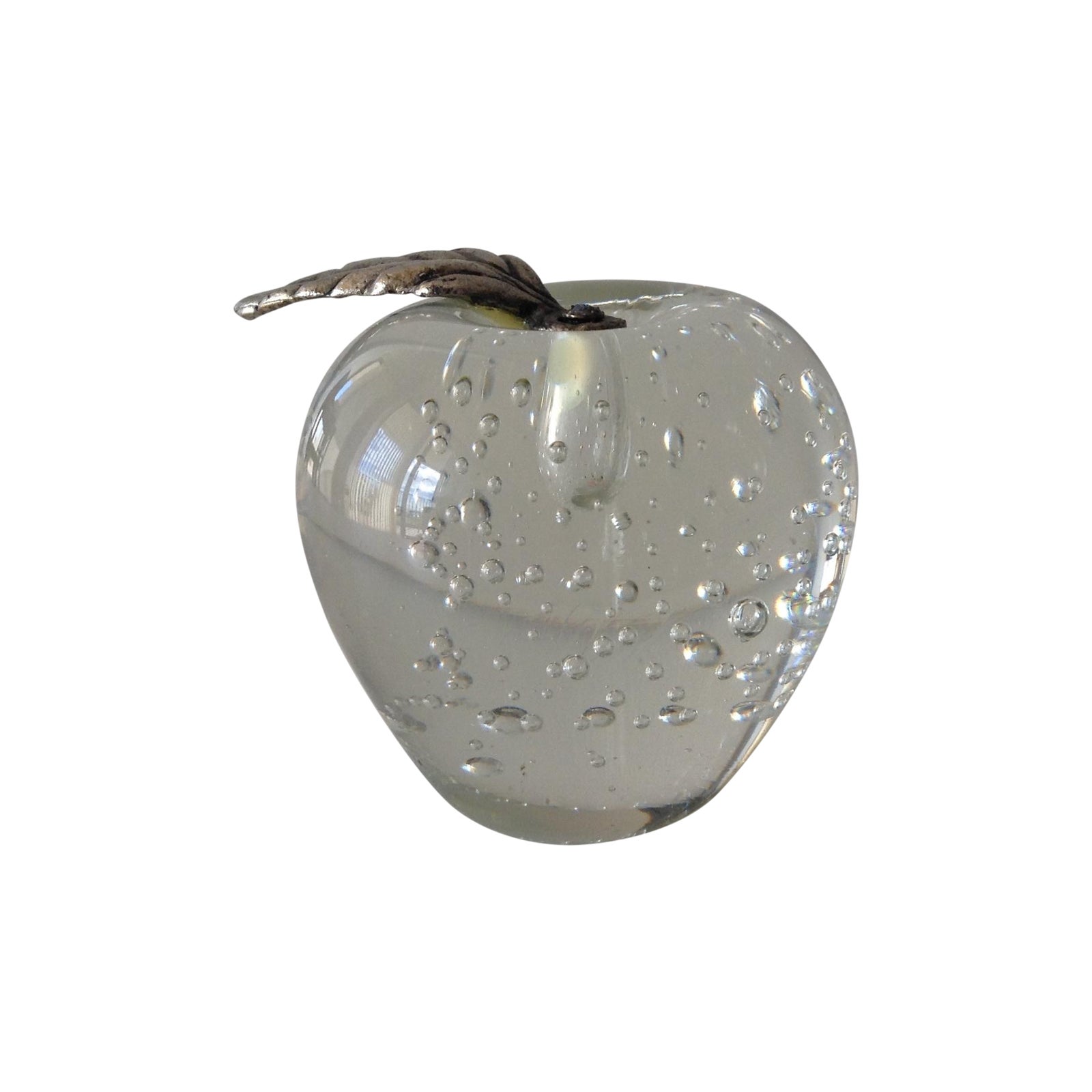 Vintage Glass Apple Paperweight With Bubble Inclusions & Metal Leaf ...