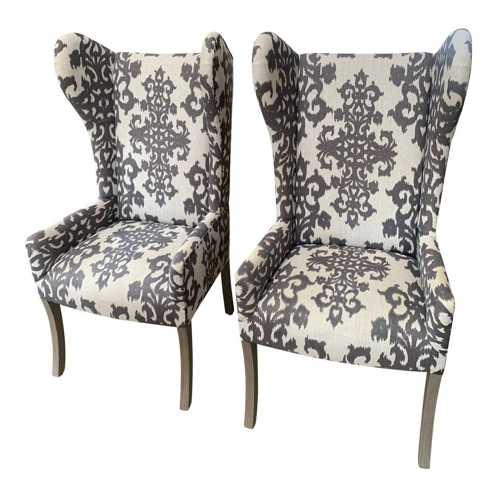 Pair of Gray Ikat Wingback Host Dining Chairs | Chairish