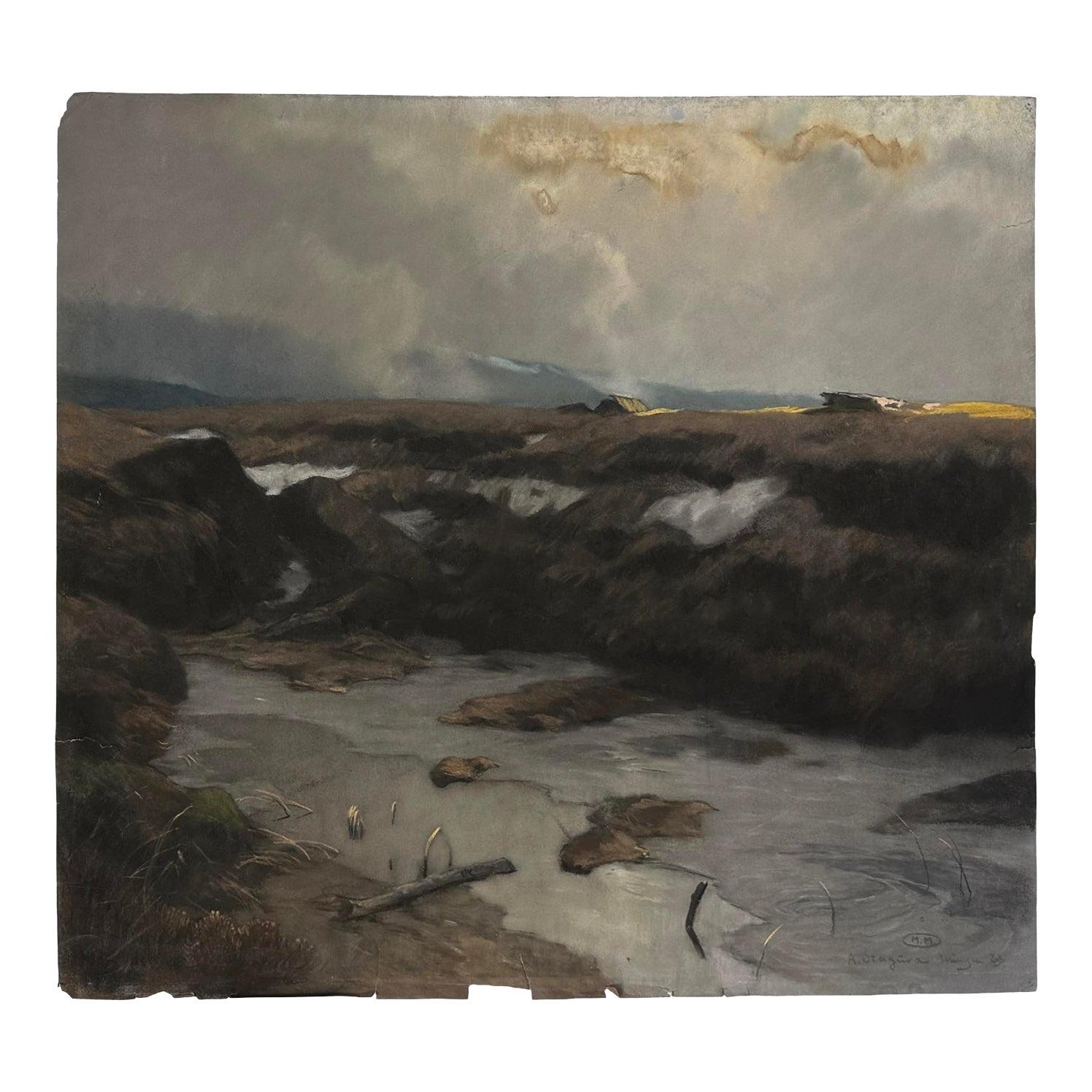 Antique Stormy Marshland Landscape, Signed (Pastel on Paper) | Chairish
