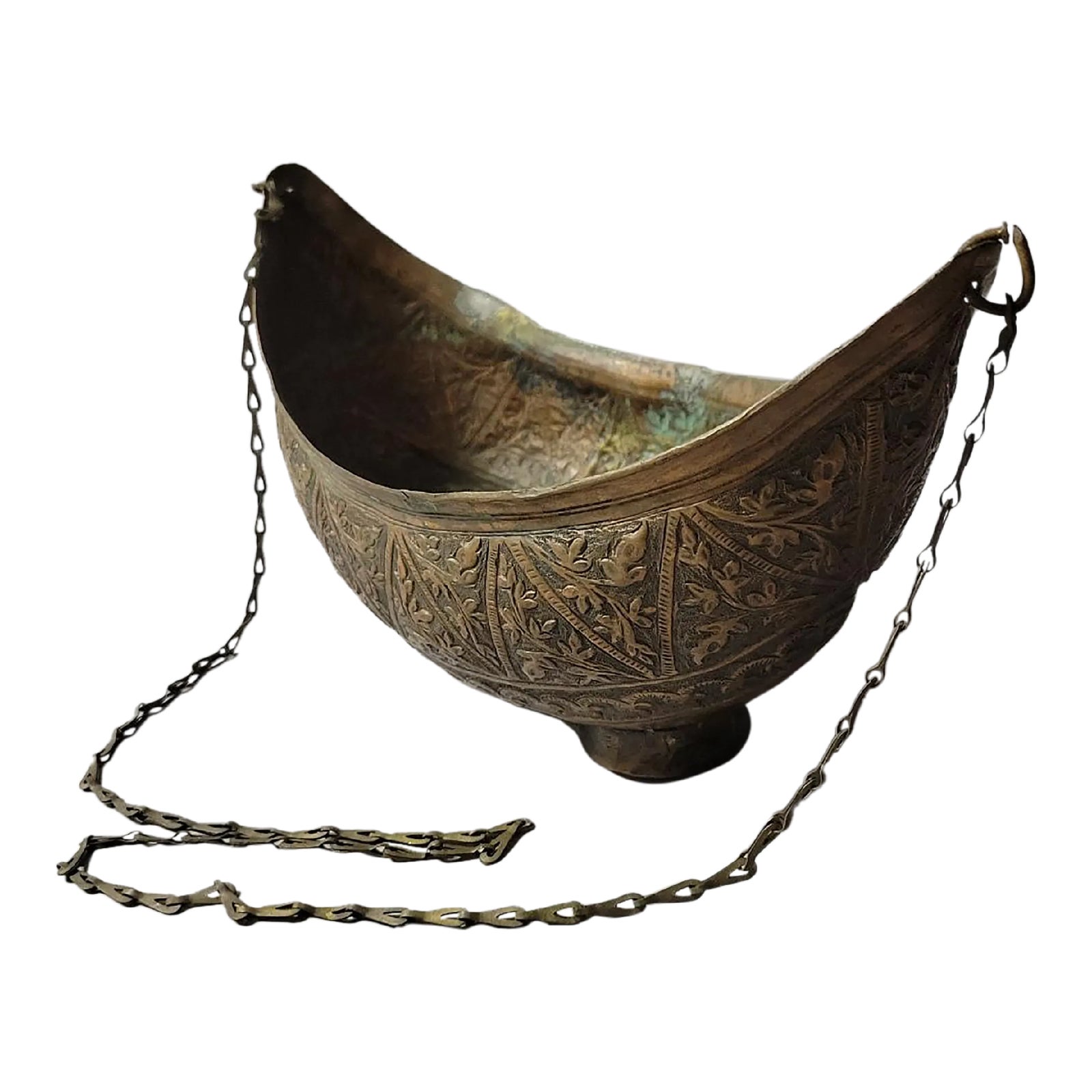 Vintage Middle Eastern Persian Copper Beggars Bowl With Chain | Chairish