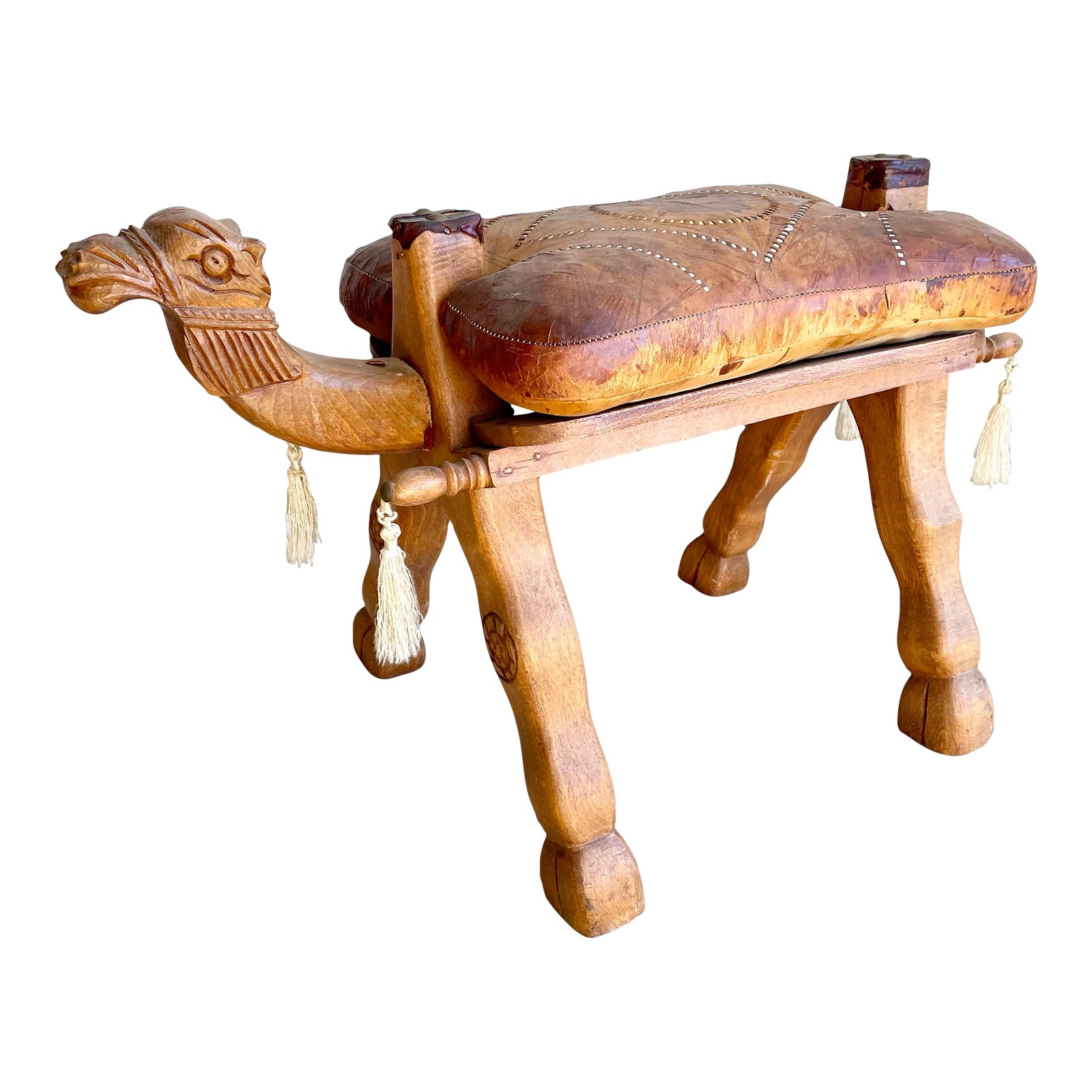 Mid Century Vintage Leather & Wood Camel Stool / Ottoman | Chairish