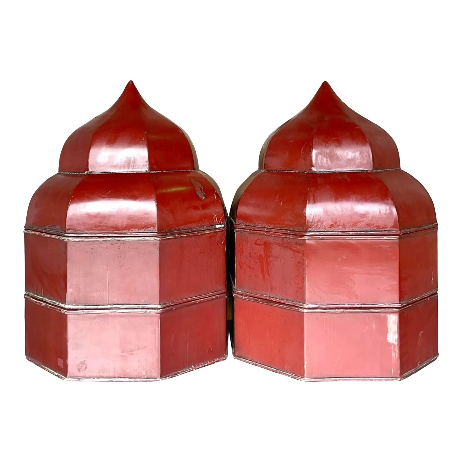 Late 20th Century Vintage Boho Lacquered Octagon Staking Temple Boxes ...