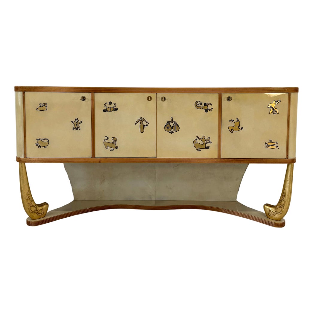 Italian Art Deco Sideboard with Gold Leaf Zodiac and Parchment by Gio ...