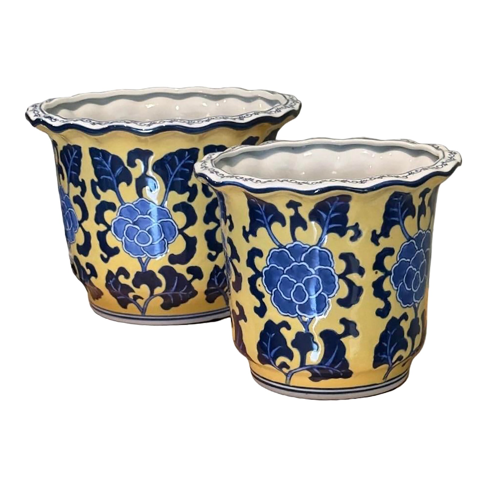 Late 20th Century Matching Pair of Yellow and Blue Chinoiserie Cachepot ...