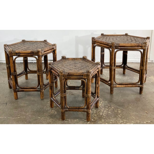 Vintage Hexagonal Rattan and Woven Wicker Nesting Tables, S/3 | Chairish