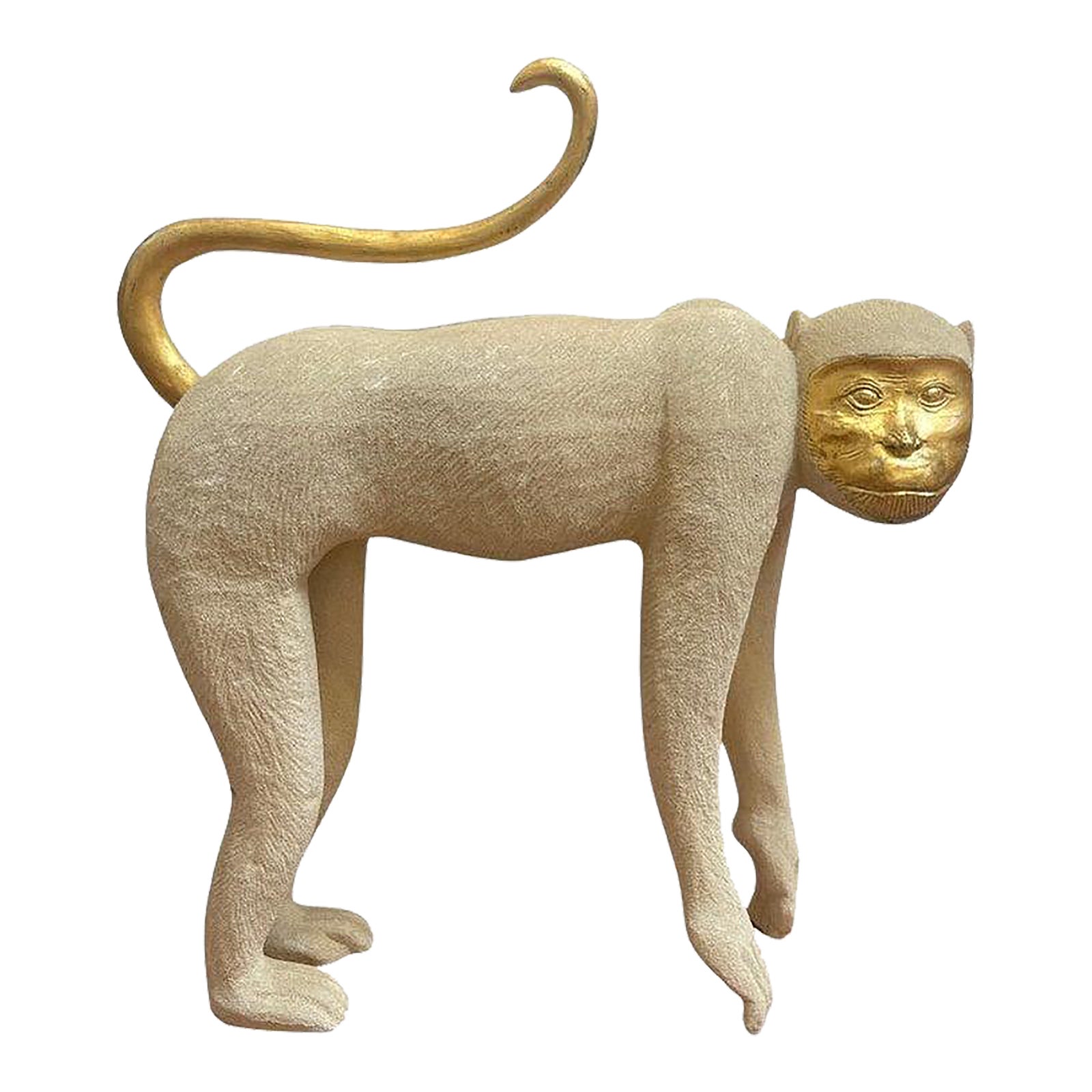 Large 1980s Crouching Monkey Sculpture, in White & Gold | Chairish