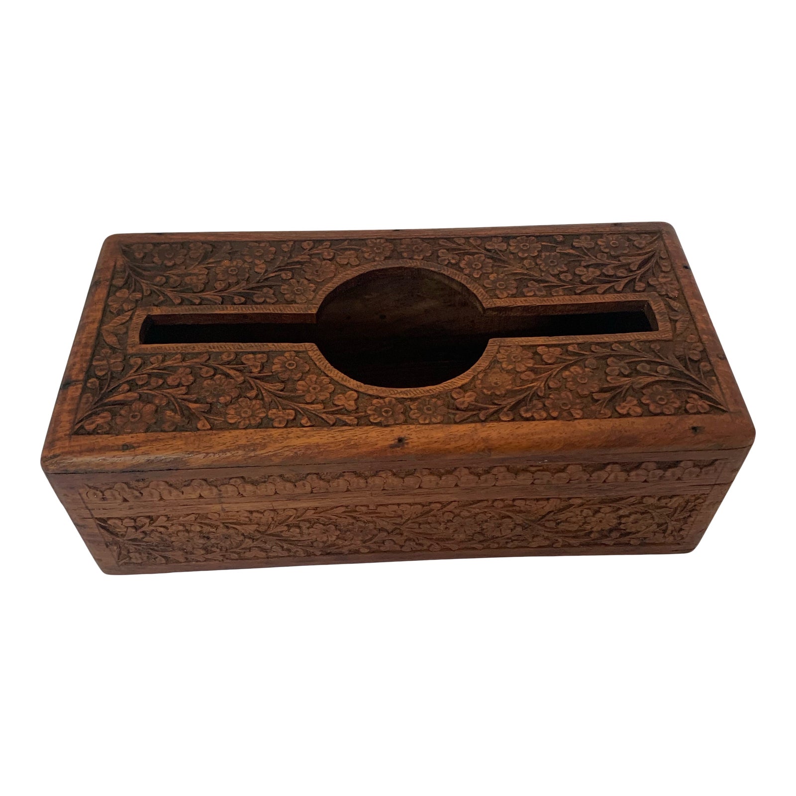 Mid 20th Century Hand Carved Wood Tissue Box | Chairish