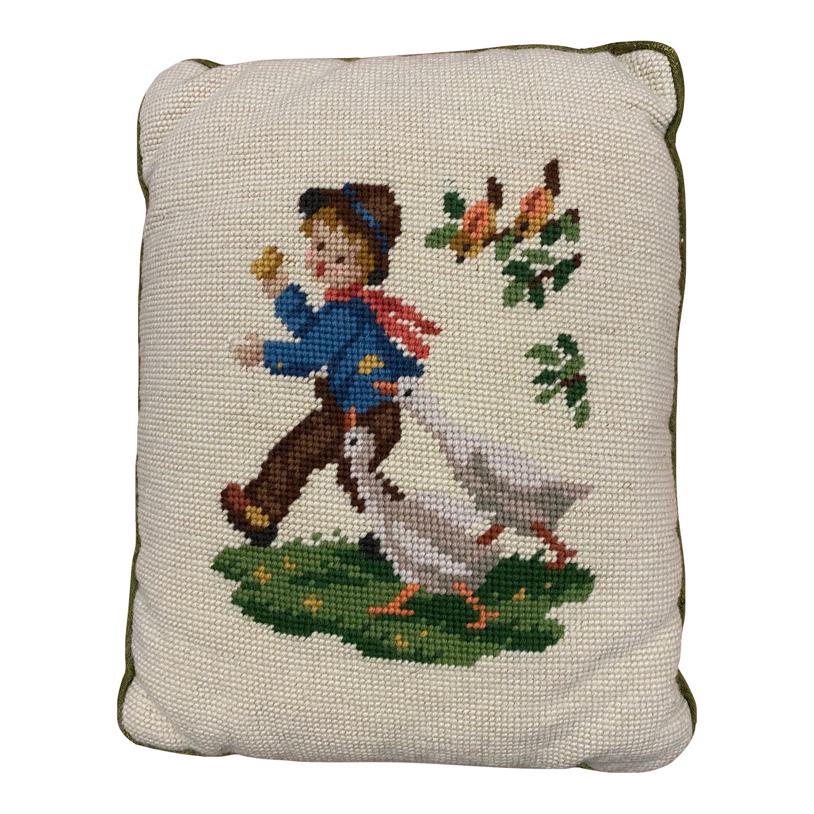 Vintage Needlepoint Pillow Geese Chasing Boy | Chairish