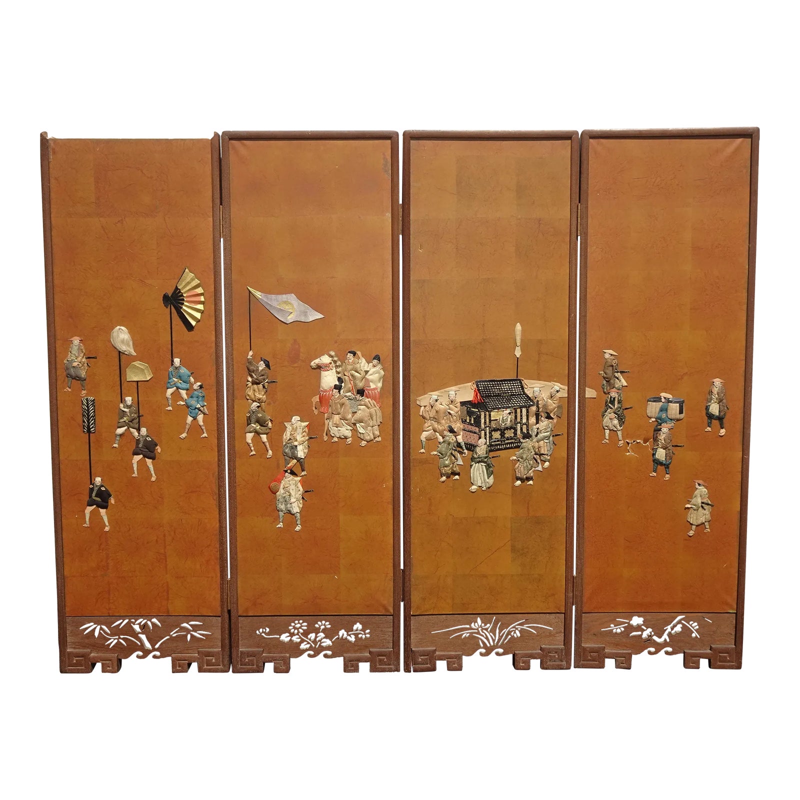 Antique Oriental Asian Gold Four Panel Screen W Mother of Pearl | Chairish
