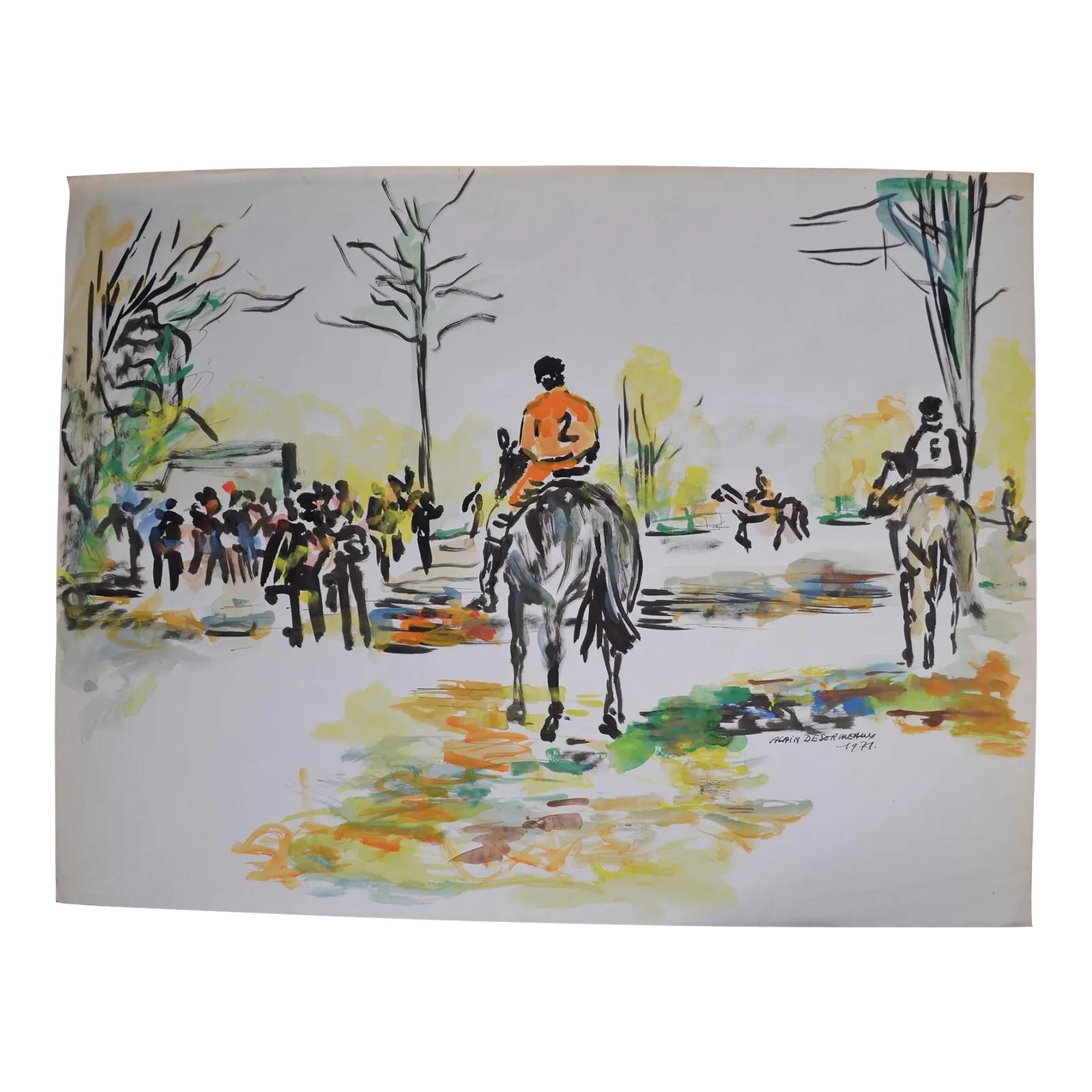 Alain Desormeaux "The Riders" 1971 Oil on Paper | Chairish