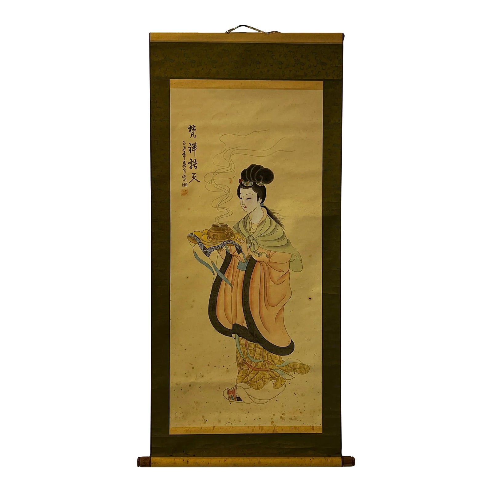 Chinese Color Ink Tong Style Lady Portrait Scroll Painting Wall Art ...
