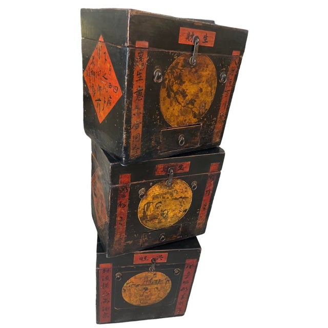 Antique 3 Chinese Boxes in Lacquered Wood With Design | Chairish