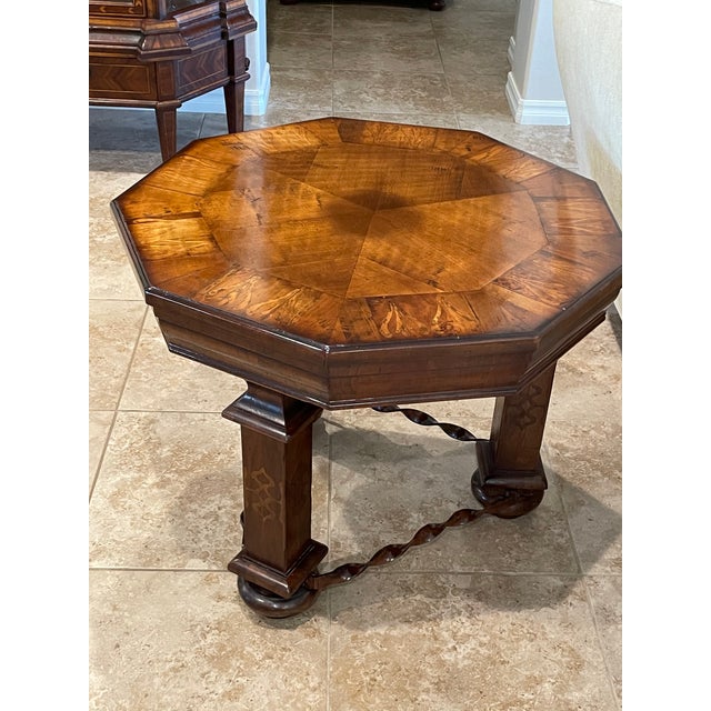 1980s Italian Inlaid Wood Accent Table With Iron Legs | Chairish