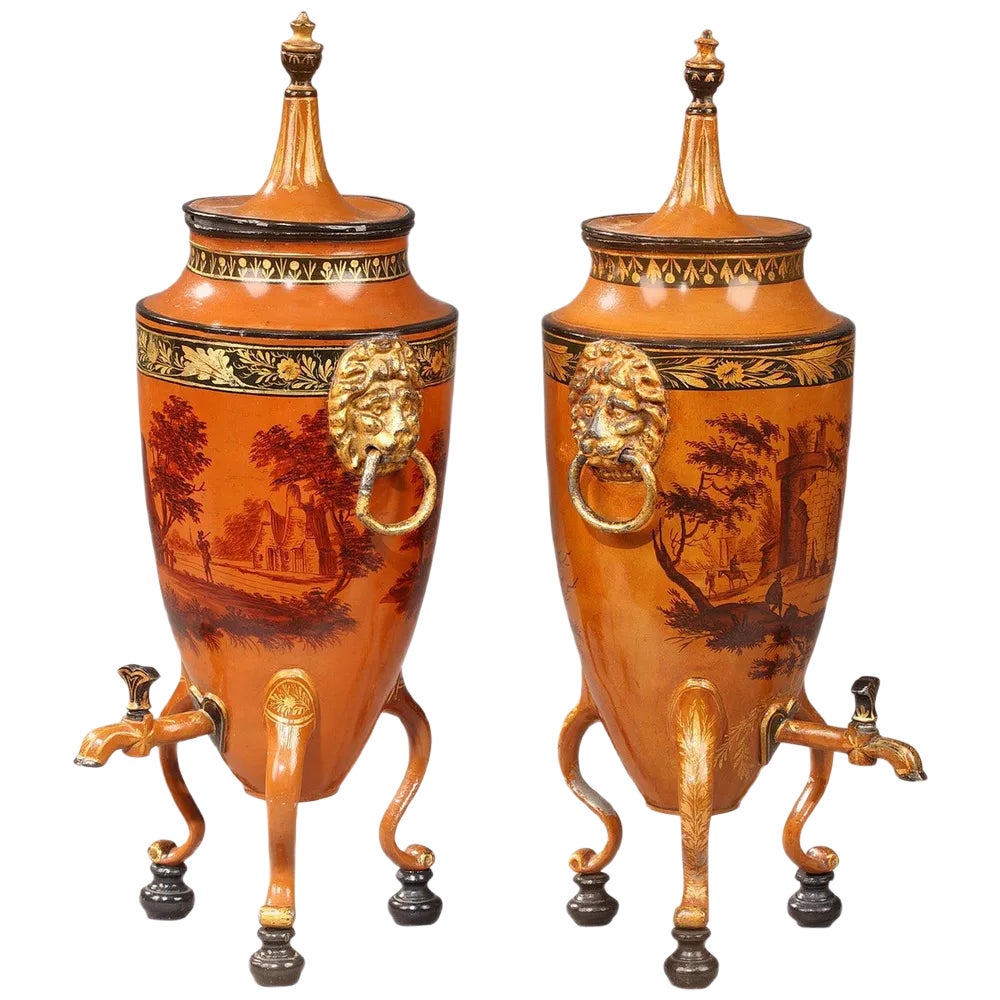 Empire Beverage Dispensers with Monochrome Decoration, Set of 2 | Chairish