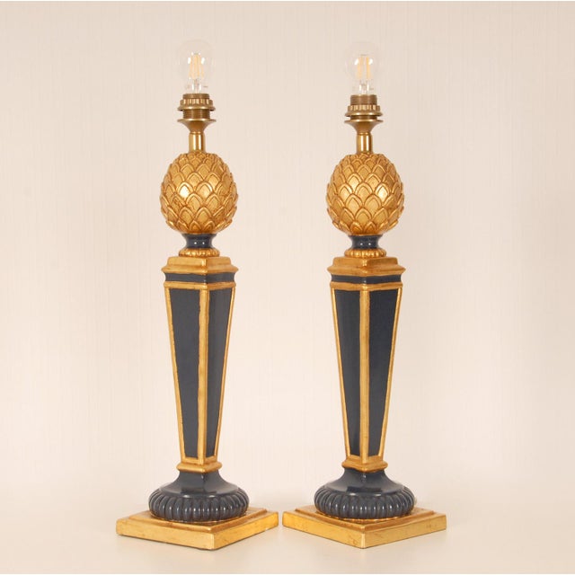 Vintage French Giltwood Lamps Indigo Blue Gold Pineapple Napoleonic ...