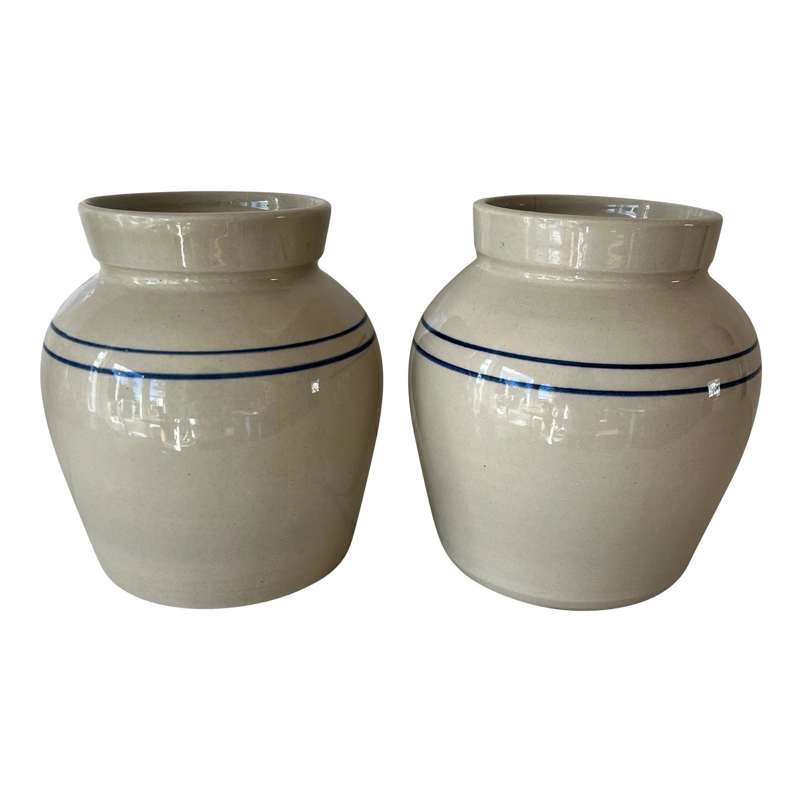 Vintage Yesteryears Hand-Turned Striped Pottery Crocks- a Pair | Chairish