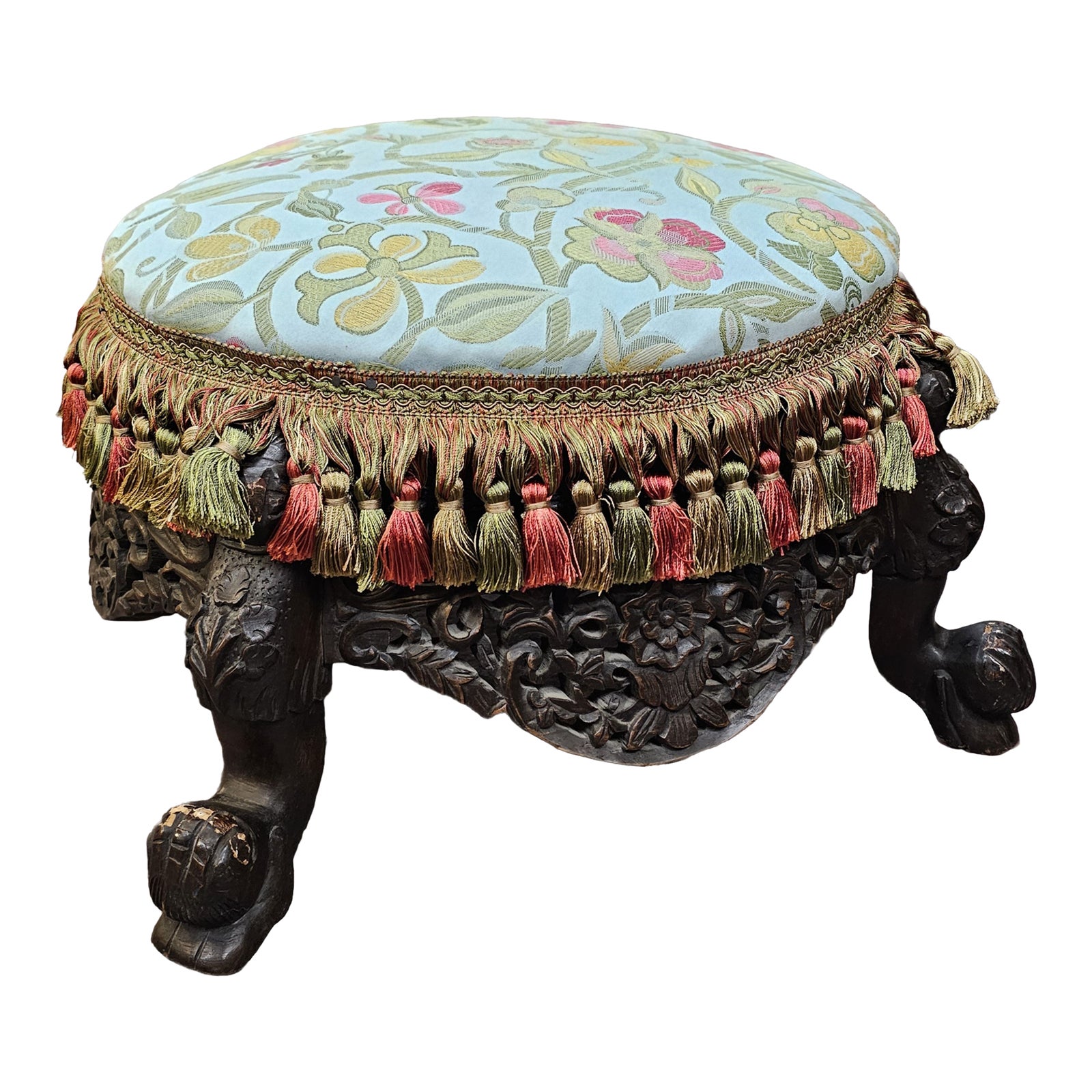 Antique Chinese Carved Wood Stool With Floral Seat and Tassels | Chairish