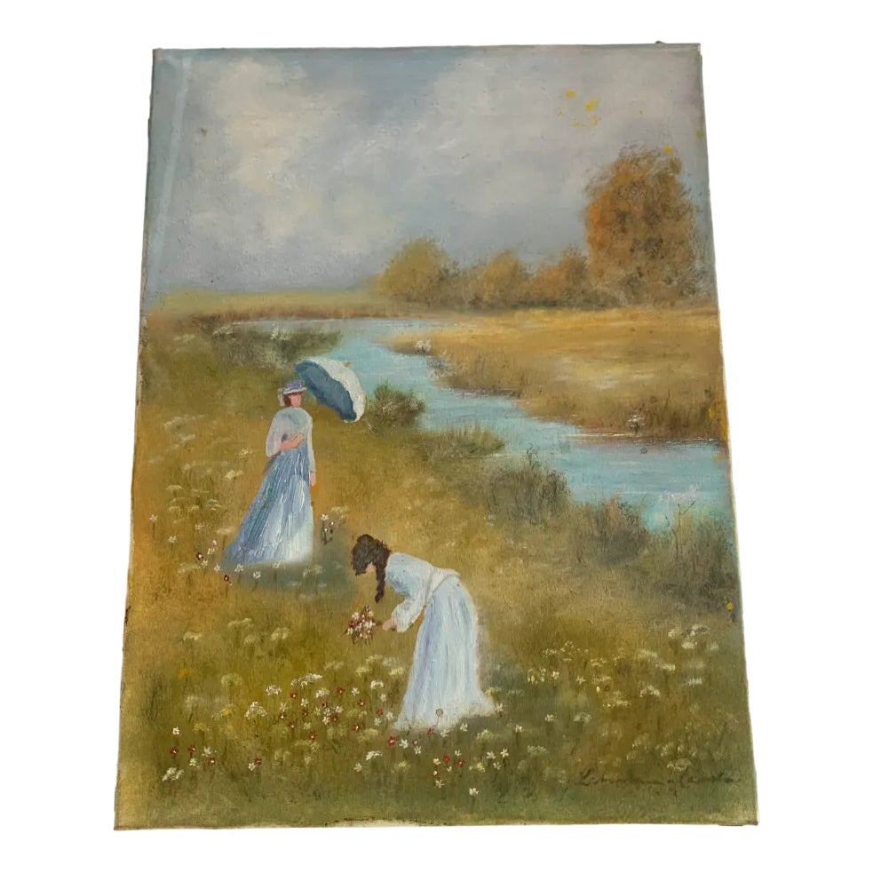 Women in the Meadow Collecting Flowers, 1800s, Oil on Canvas | Chairish