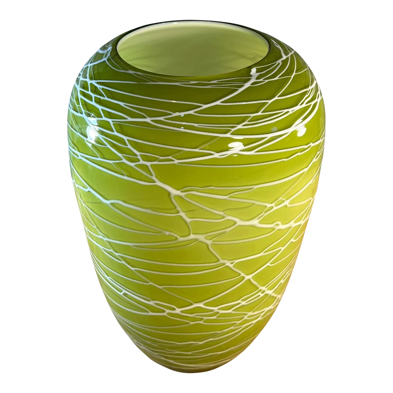 Art Glass Vase Green White Lattice Pattern | Chairish