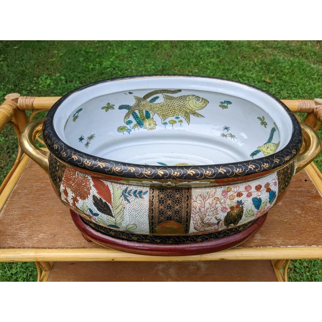 Fine Chinese Famille Noir Porcelain Foot Bath Jardiniere Cachepot W/Coy ...