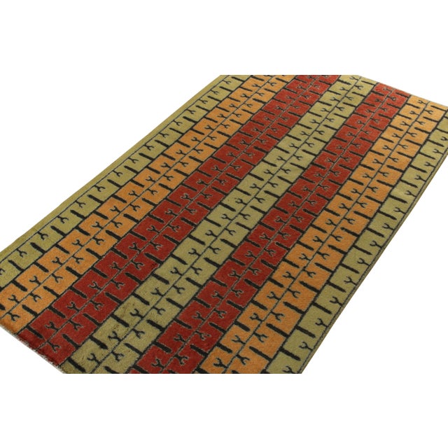 1960s Vintage Distressed Mid-Century Modern Rug, Red, Green, Gold Deco ...