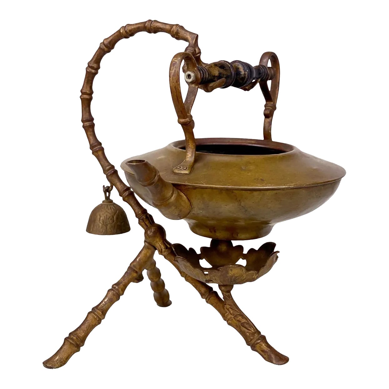 Vintage Chinese Brass Faux Bamboo Tripod Teapot Kettle Warmer | Chairish