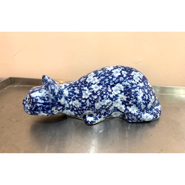 Staffordshire Calico Blue and White Ceramic Cat Statue | Chairish