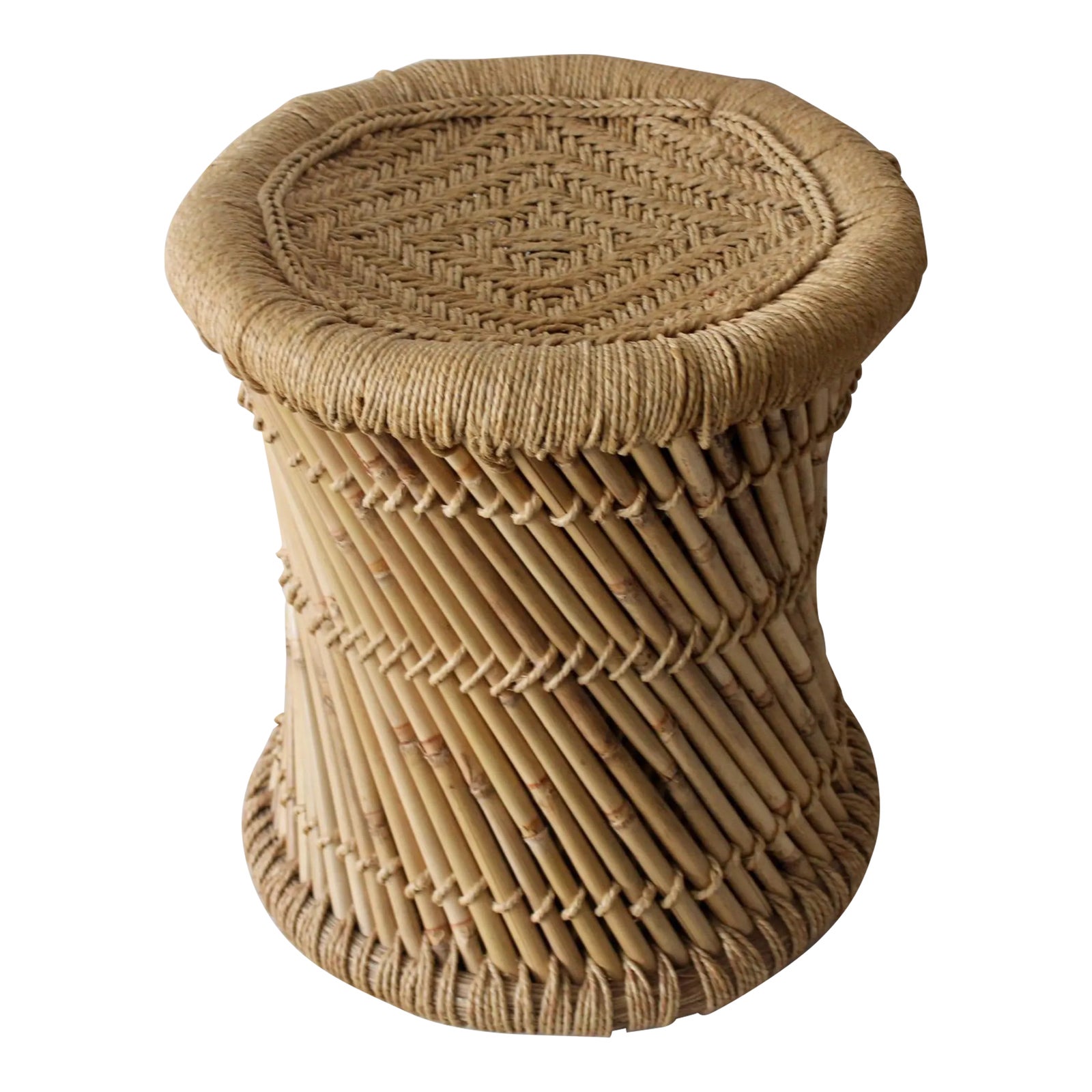Wicker Pencil Reed Style Stool or Side Drinks Table | Chairish