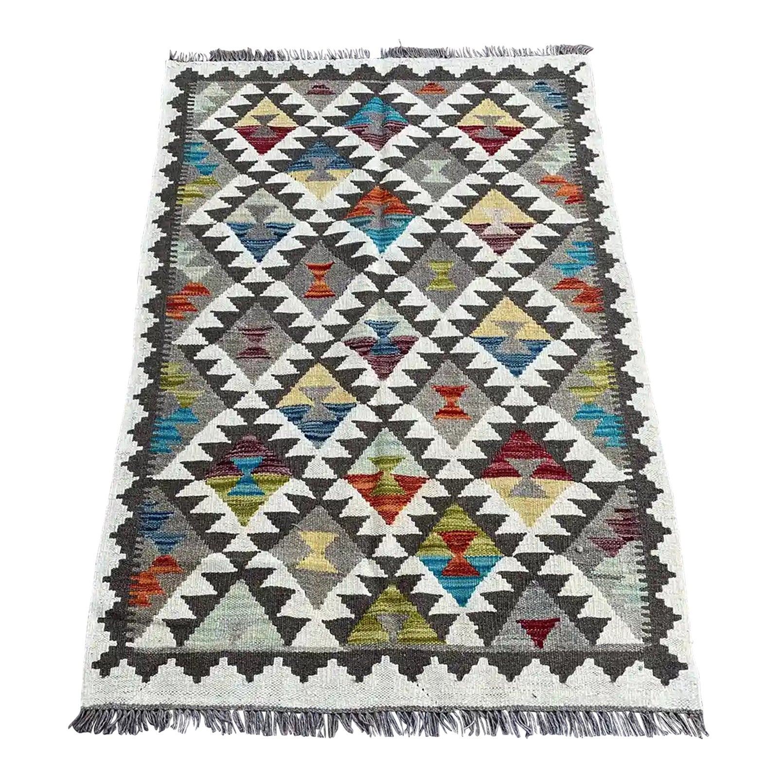 Vibrant Geometric Kilim Rug - Handwoven Wool, 3.2' X 4.7' | Chairish