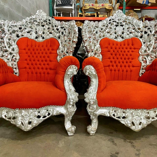 Rococo Style Throne Chair – Orange Velvet Upholstery With Silver Leaf ...