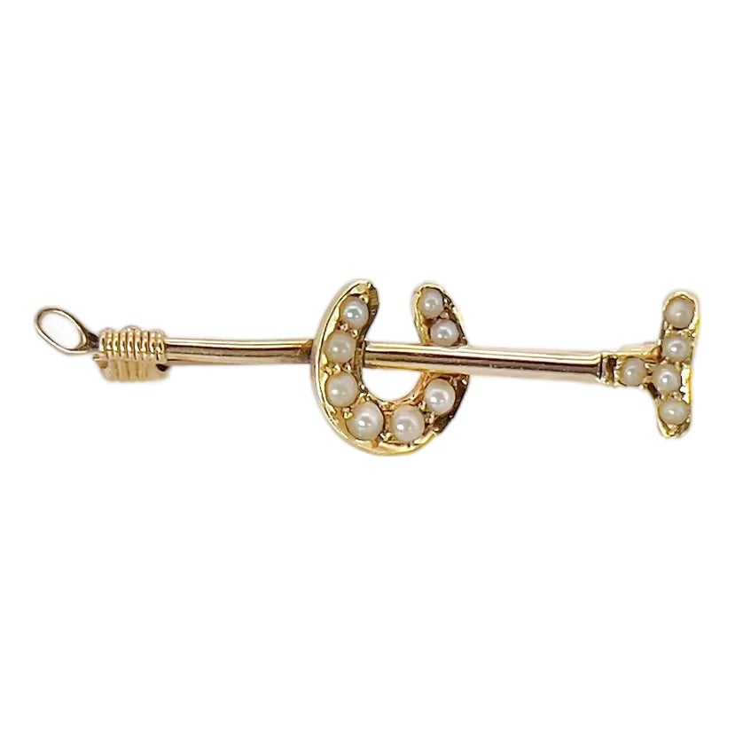 Victorian 15k Polo Mallet and Horseshoe Pearl Brooch | Chairish