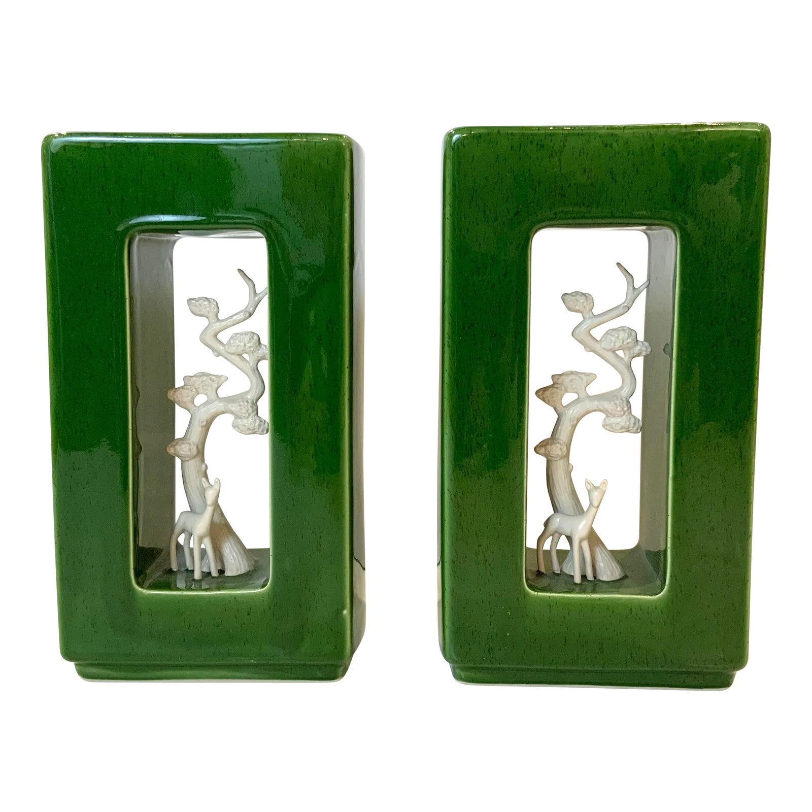 1950s Howard Pierce Dark Green Vases With White Fawn - a Pair. | Chairish
