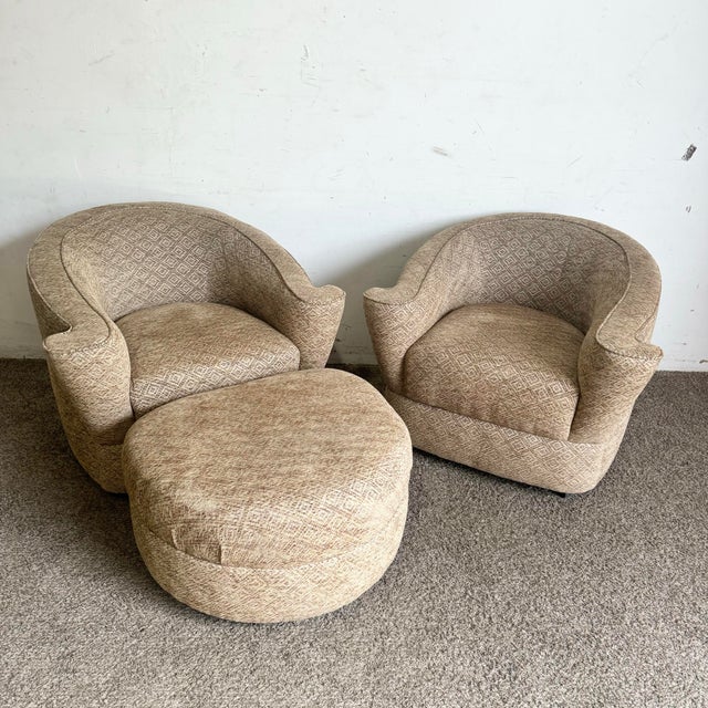 Postmodern Sculpted Tan Fabric Arm Chairs With Ottoman on Casters - 3 ...