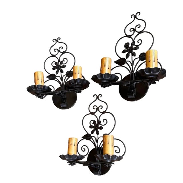 Botanical Inspired Iron Wall Sconces, 1920 - Set of 3 | Chairish