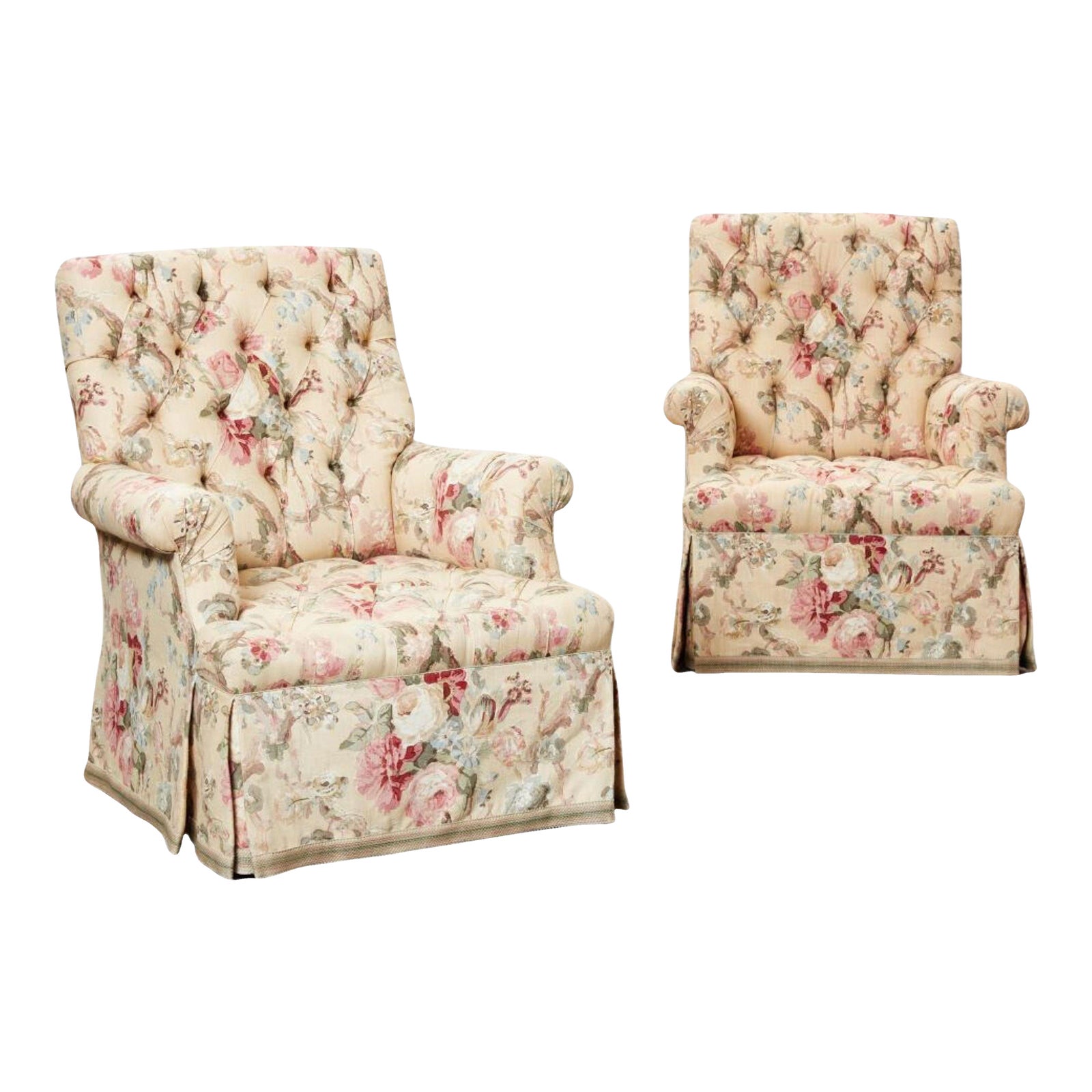 Traditional Custom Floral Tufted Linen Chairs – a Pair | Chairish