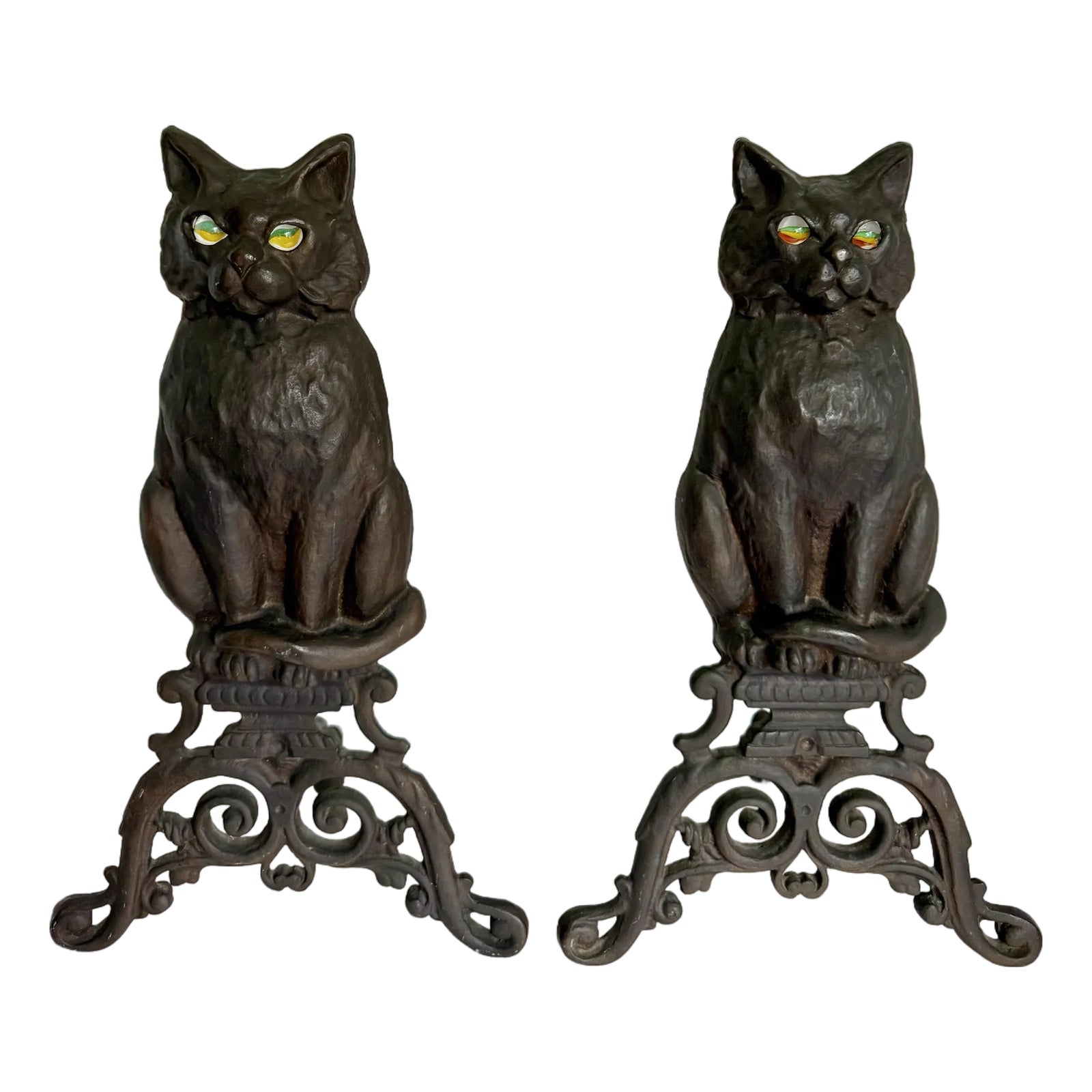 Early 20th C. Pair of Cast Iron Victorian Cat Andirons With Glass Eyes ...